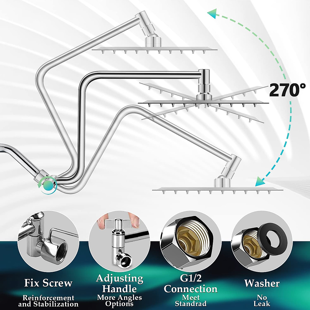 Rain Shower Head Extension Arm, Upgrade 12 Inch Metal Shower Extension Arm, Height/Angle Adjustable Curved Shower Head Extender with 1/2 Universal Connection, Flexible Rise or Lower Shower Head Chrome
