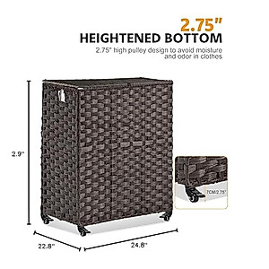 Rantizon Laundry Hamper with Lid, 110L Wicker Laundry Baskets with wheels 2 Foldable Compartment and 3 Removable Liner Bags, Synthetic Rattan Clothes Laundry Basket with Handles, Natural Brown