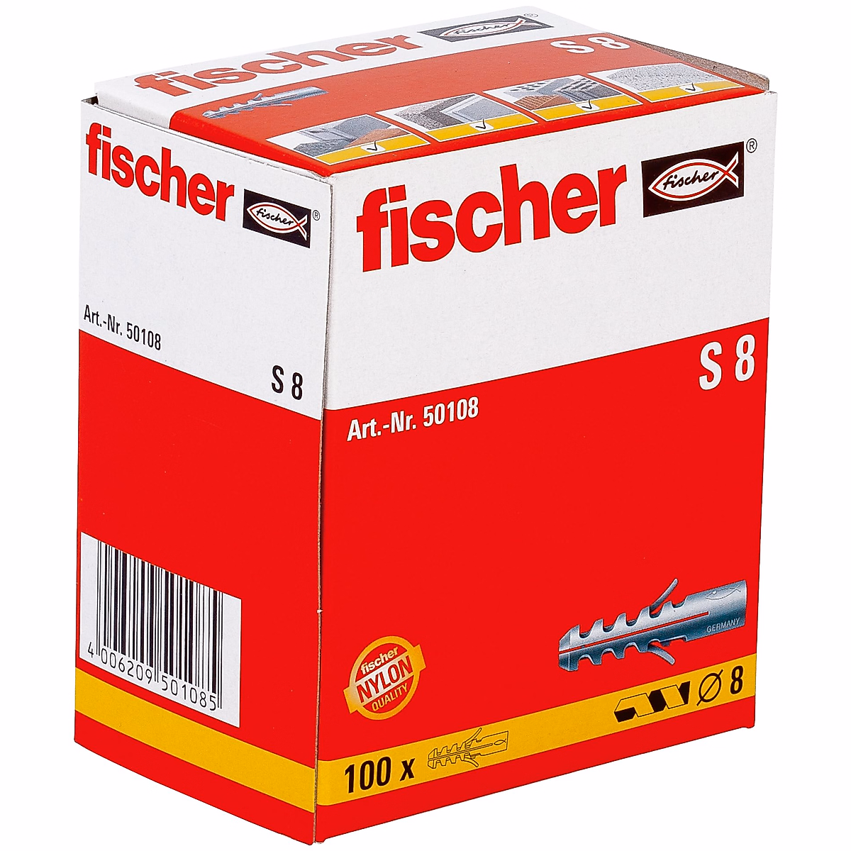 Fischer S8 (8mm) 5/16" x 1-9/16" 2-Way Nylon Expansion Anchor (100 Pcs)