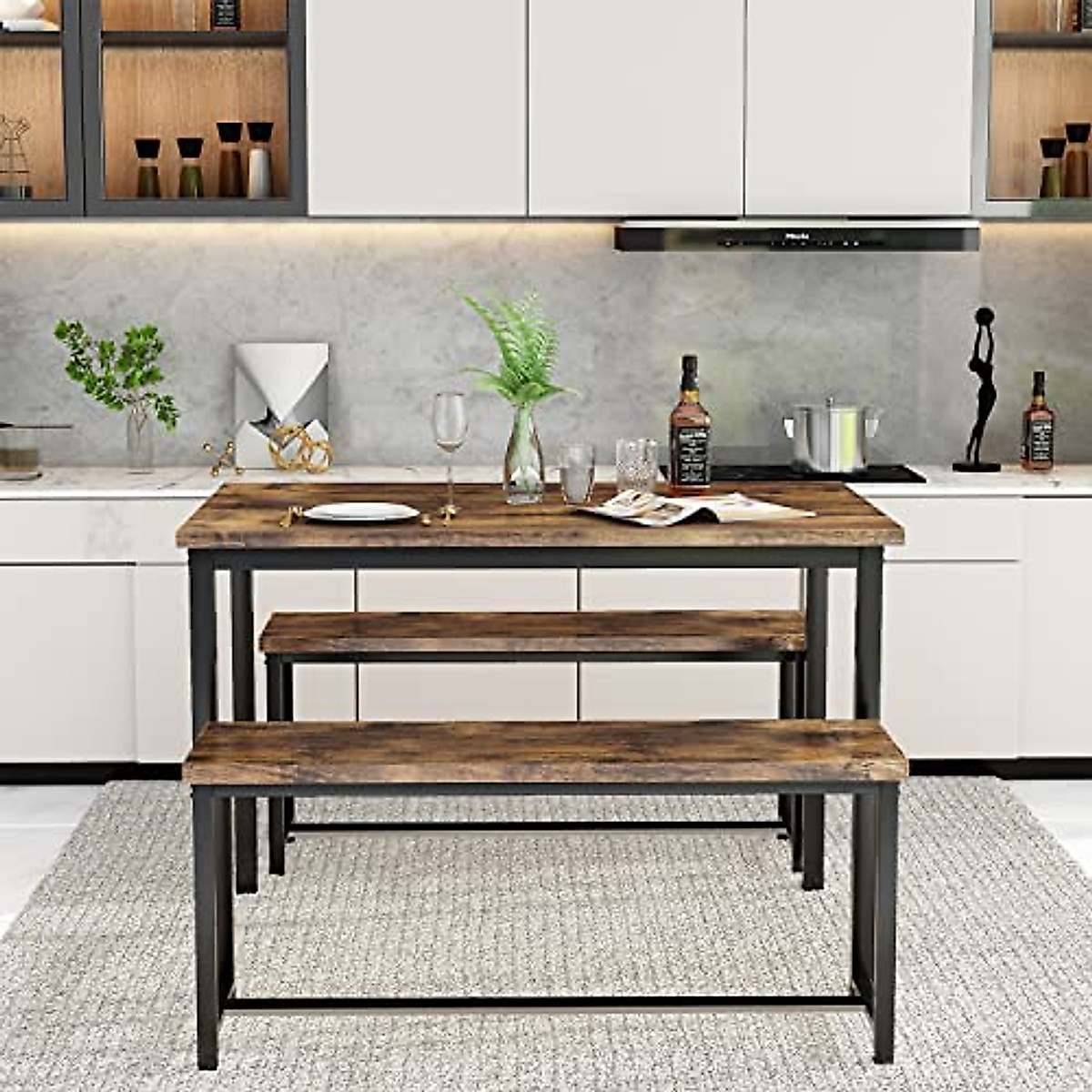 DKLGG Dining Table Set for 4, Industrial 3 Pcs Dining Table Set, Bench Dining Table Set with Metal Frame, Space-Saving Dining Room Furniture for Small Space, Restaurant Table Size 47.2x28.7x28.7 inch