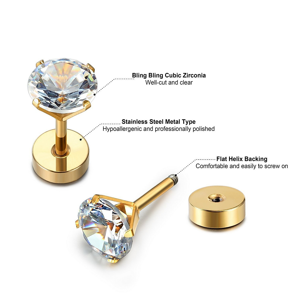 JewelrieShop Cartilage Tragus Earring Stainless Steel Stud Piercing Earring Flat Back Earrings Stud Flatback Screw Back Earrings for Women Men (16G, 6mm Bar Length, 3mm-7mm CZ, 5 Pairs)