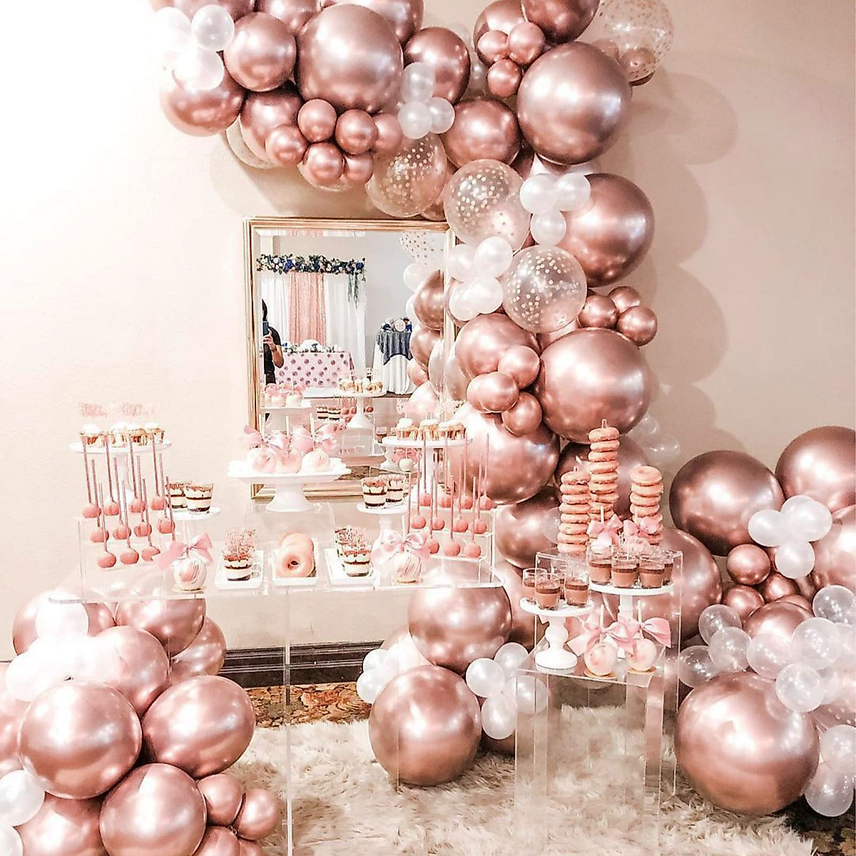 PartyWoo Rose Gold Balloons, 100 pcs Metallic Rose Gold Balloon Arch Kit of 18 inch 12 inch 10 inch 5 inch Latex Balloon Garland and 20m Ribbons for Rose Gold Birthday Decorations, Bachelorette Party