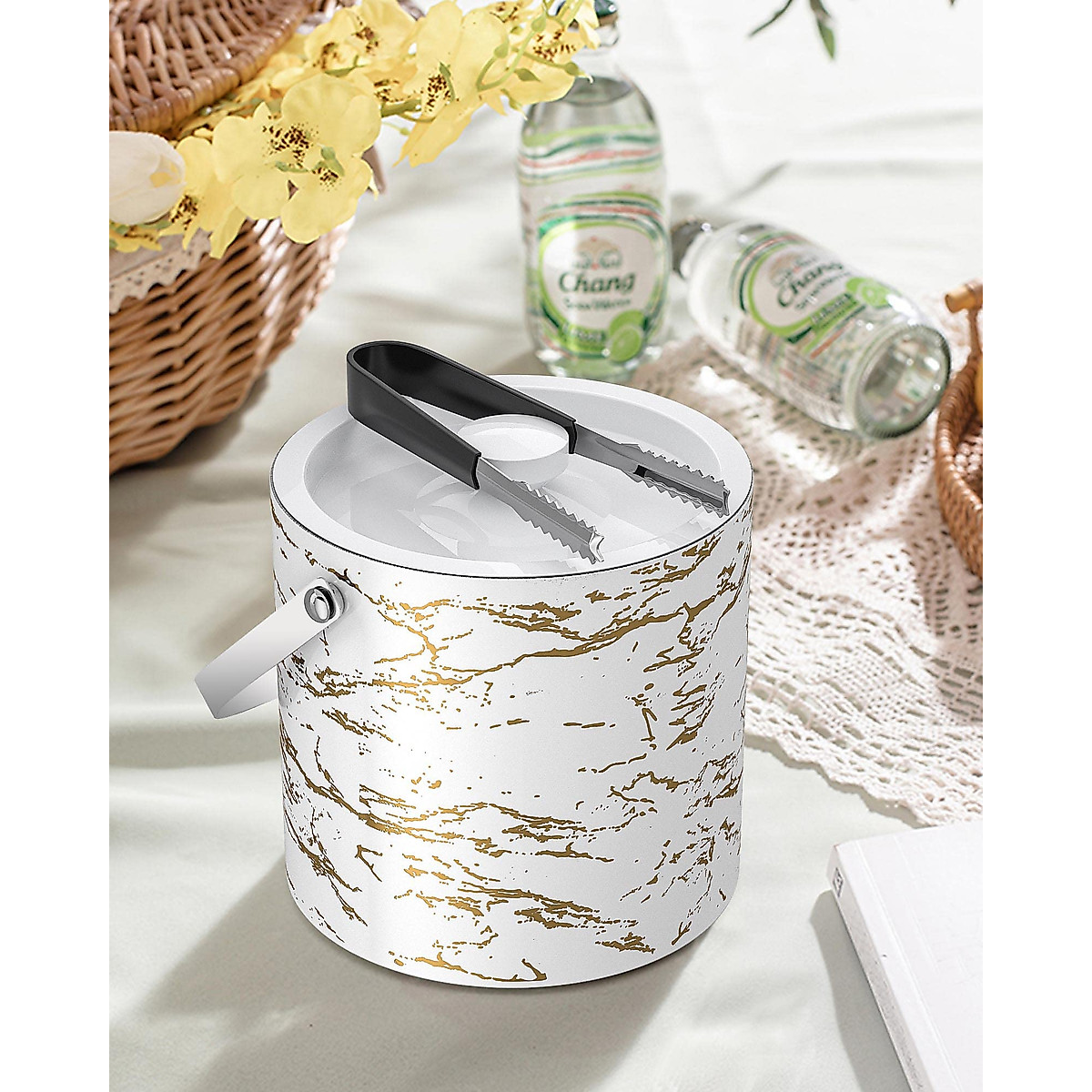 AYOTEE Ice Bucket with Lid,Scoop,Tongs,Strainer and Handle-Stainless Steel Insulated Ice Bucket Keeps Ice Cold & Dry, Great for Home, Party, Bar, Chilling Beer, Cocktail, Champagne and Wine Bottle-3L