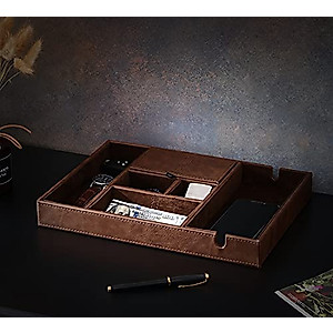 BEWISHOME Valet Tray for Men Dresser Organizer Nightstand Organizer Desktop Storage Organizer with Large Smartphone Charging Station, 6 Compartments, Faux Leather, Brown SSH16Z