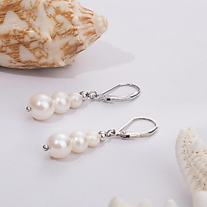 Sterling Silver Freshwater Cultured Pearl Drop Earrings Size 4-8mm Dangle Leverback Earring for Women (Rhodium plated)