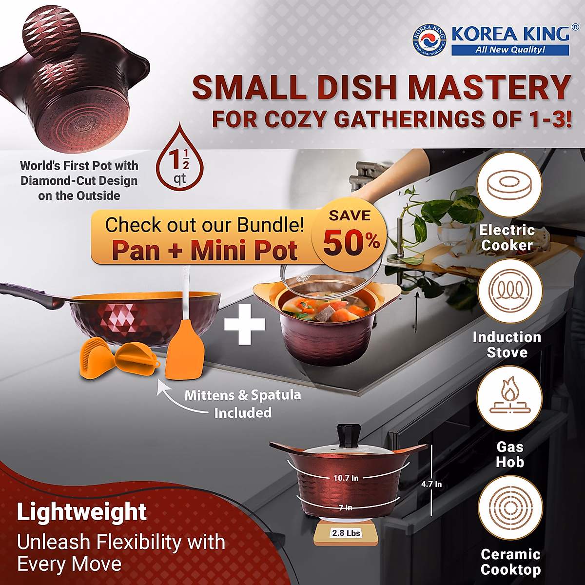 Korea King Premium Nonstick Cooking Pot with Glass Lid - Made in Korea - 1.5 Quarts Ceramic-Coated Simmer Pasta Pot, Multi Cookware Compatible for Ramen Noodle Soup, Stew, Rice, Dishwasher Safe