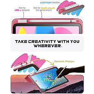 INFILAND Compatible with iPad 10th Generation Case 2022, iPad Case 10th Generation 10.9 Inch, Full Crystal Clear with Slot for Pencil & Charging Adapter, Rose Pink