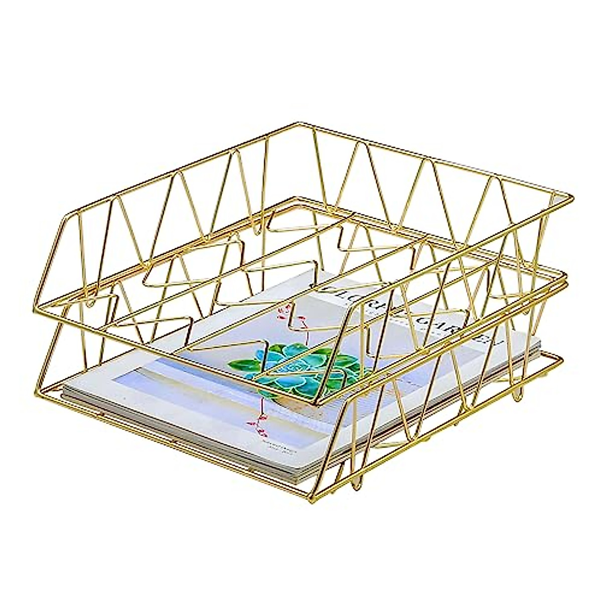 PAG Desktop File Organizer Metal Stackable Letter Tray Paper Holder Rack, 2 Pack, Gold