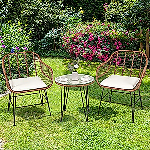 Tangkula 3 Pieces Patio Conversation Bistro Set, Outdoor Wicker Furniture w/Round Tempered Glass Top Table & 2 Rattan Armchairs, Bistro Chat Set w/Seat Cushions for Porch, Backyard, Garden (White)