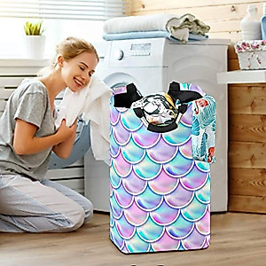 Ollabaky Large Foldable Laundry Hamper Bag with Handles, Mermaid Scales Laundry Basket Box Big Storage Organizer for Family, Dormitory, Washhouse…