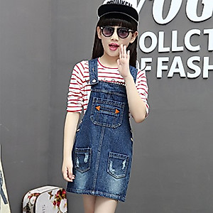 KIDSCOOL SPACE Girls Bibs Pocket Adjustable Straps Casual Jean Overall Dress,Blue,6-7 Years
