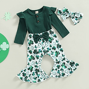 Infant Toddler Baby Girl St Patricks Day Outfits Long Sleeve Romper Green Bodysuit Clover Flare Pants Headband 3Pcs (Clover Green, 0-3 Months)