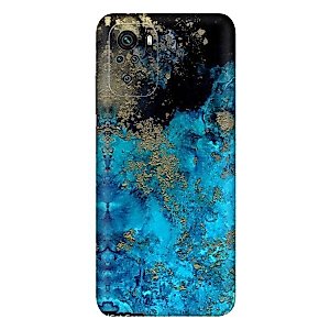Gadget Gear Vinyl Skin Back Sticker Aqua Blue with Golden Streaks (83) Mobile Skin Compatible with Xiaomi Redmi Note 10 (Only Back Panel Coverage Sticker)