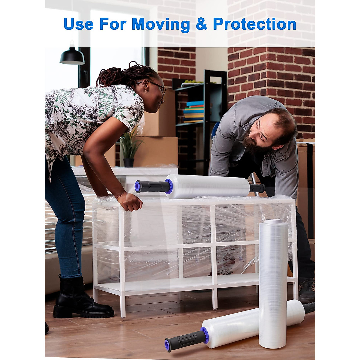 PARAKE 2-Pack Stretch Wrap Film, 15 Inch x 1000 Feet Shrink Wrap with Handles, Industrial Strength Plastic Wrap Roll, Heavy-Duty Shrink Film Roll, for Moving Storage Pallet Packing, 60 Gauge, Clear