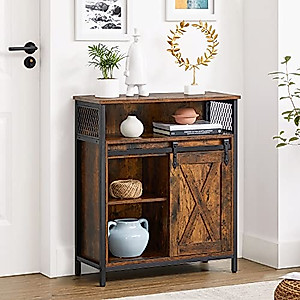 VASAGLE Buffet Cabinet, Sideboard with Open Compartment, Sliding Barn Door, 27.6”L x 11.8”W x 31.5”H, Industrial Rustic Brown and Black ULSC089B01