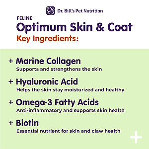 Dr. Bill’s Feline Optimum Skin & Coat – Fish Oil Omega-3 Fatty Acids for Cats Healthy Fur | Reduce Shedding and Hairballs with Biotin, Type I & III Marine Collagen, Hyaluronic Acid, & Folic Acid