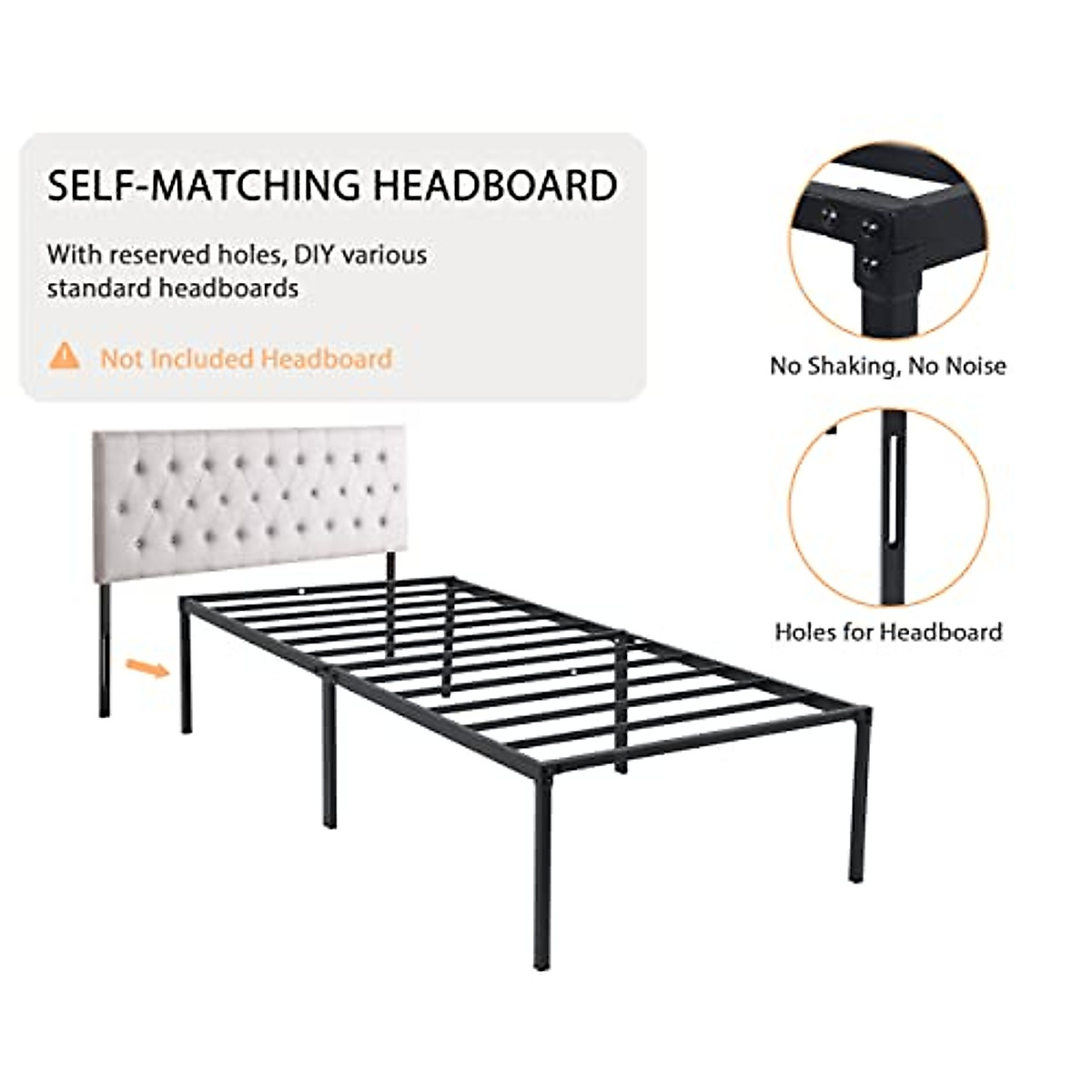 Capacmkseh 14 Inch Twin Size Metal Bed Frame, Heavy Duty Bed Frame Metal Platform Mattress Foundation Bed Frames with Storage, No Box Spring Needed, Under Bed Storage, Noise-Free