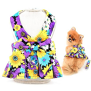 SMALLLEE_LUCKY_STORE Dog Floral Harness Dress with Leash Set,Bow Puppy Princess Dress for Small Medium Dog Cat Girls Adjustable Pet Skirt with D-Ring Female Dog Clothes Summer Apparel,Purple,S
