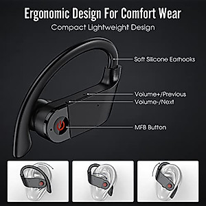 Bobtot Earbuds Wireless Bluetooth Sports Headphones - 40H Playtime IPX7 Waterproof Bluetooth 5.0 in-Ear Bass Earphones Running Workout Headset with Earhooks Built-in Microphone LED Display Black