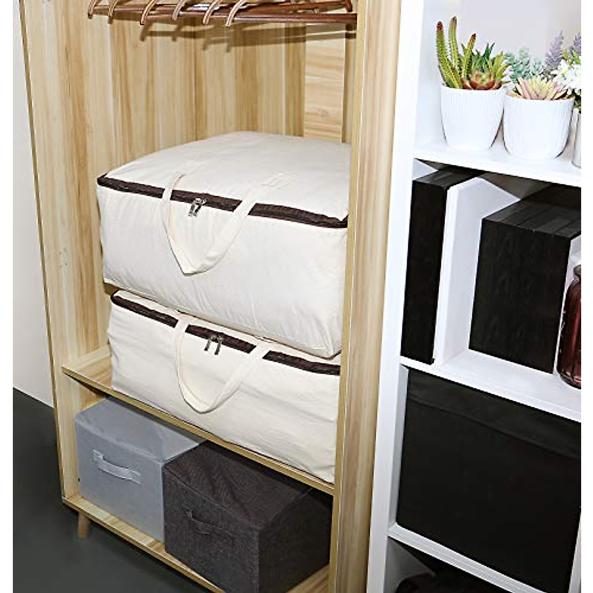 AMJ Set of 2, Storage Bags with 3-Side Zip Open & Handles, House Move or Winter Garment Storage in Wardrobe, Beige