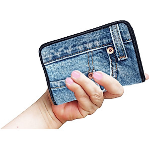 Bijoux de Ja Upcycling Blue Denim Bifold Money Zip Coin Card Holder Organizer Compact Wallet for Women