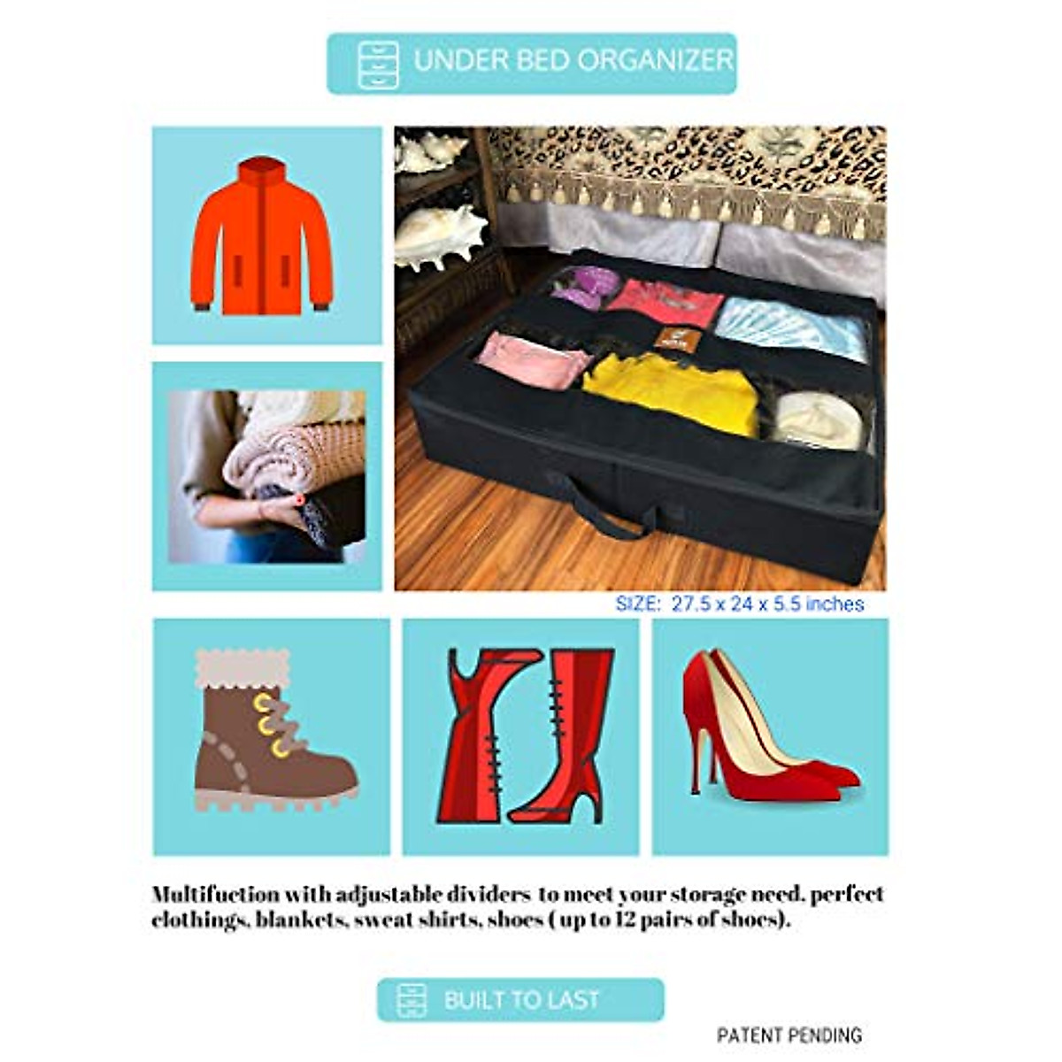 Norse 2 in 1 Large Underbed Storage Bags Organizer Container 2 Sturdy Zippers, Blankets Clothes Comforters Foldable Storage Bags with Clear Window (SET OF 2 : 2-in-1 Under bed Organizer, Black)