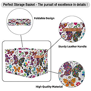 Pardick Floral Butterfly Large Collapsible Storage Bins ,Flying Butterfly Decorative Canvas Fabric Storage Boxes Organizer with Handles，Rectangular Baskets Bin for Home Shelves Closet Nursery Gifts