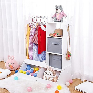 Bophy Girls' Dress up Storage with Light & Mirror, Kids Clothing Rack with Storage Bin, Girl's Open Hanging Armoire Closet, White