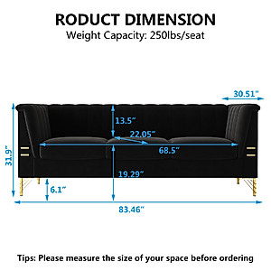 mikibama Modern Velvet Sofa, 83 Inch Chesterfield Sofa Couch, Luxury 3 Seater Comfy Couch with Gold Metal Legs for Living Room, Bedroom, Apartment (Black)