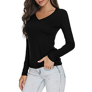 LINDLOOK Women's Slim Fitted V Neck Long Sleeve T Shirt Basic Soft Cotton Tops(Black/V-Neck,L)