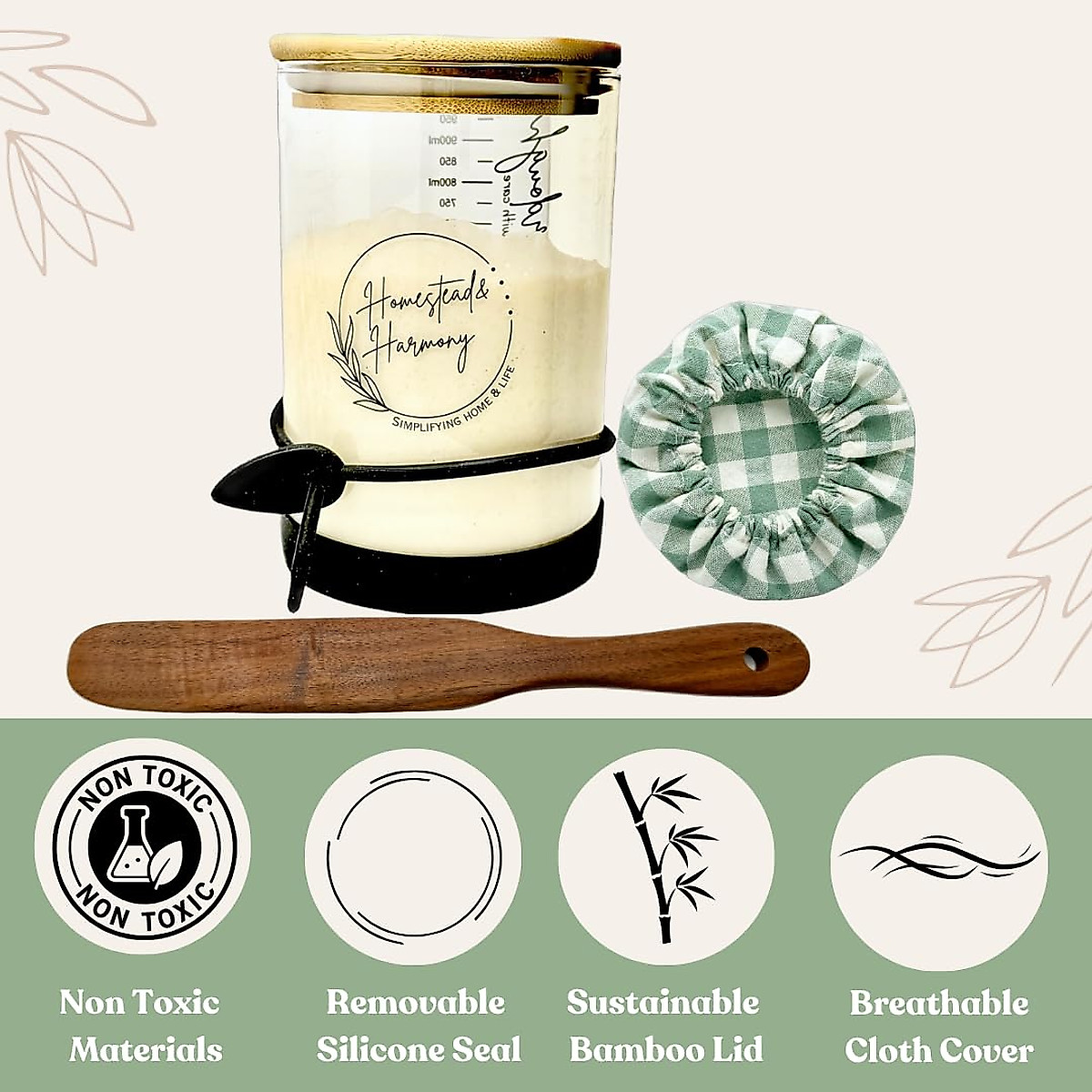 Sourdough Starter Kit - Sourdough Kit Includes Wooden Spurtle, Glass Jar w/ Bamboo Lid, Cloth & More - Non-Slip Silicone Base Sourdough Bread Baking Supplies - Bread Making Kit for Beginners & Pros
