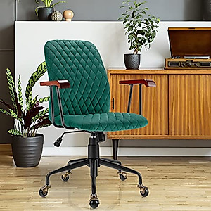 Giantex Home Office Desk Chair Green, Vintage Adjustable Swivel Rolling Chair with Copper Wheels & Armrest, Mid Century Leisure Chair, Velvet Upholstered Computer Chair for Work, Study