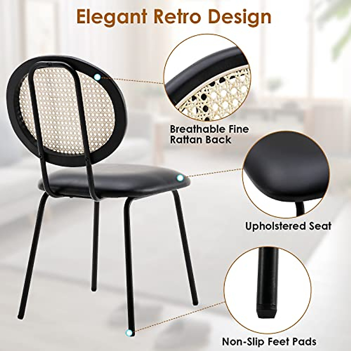 Jaxsen Faux Leather Indoor Kitchen Dining Chairs Set of 4 with Rattan Backrest, Modern Industrial Upholstered Chairs mid Century Metal Dining Chair Suitable for Dining Room Wine Coffee Bar, Black,18"