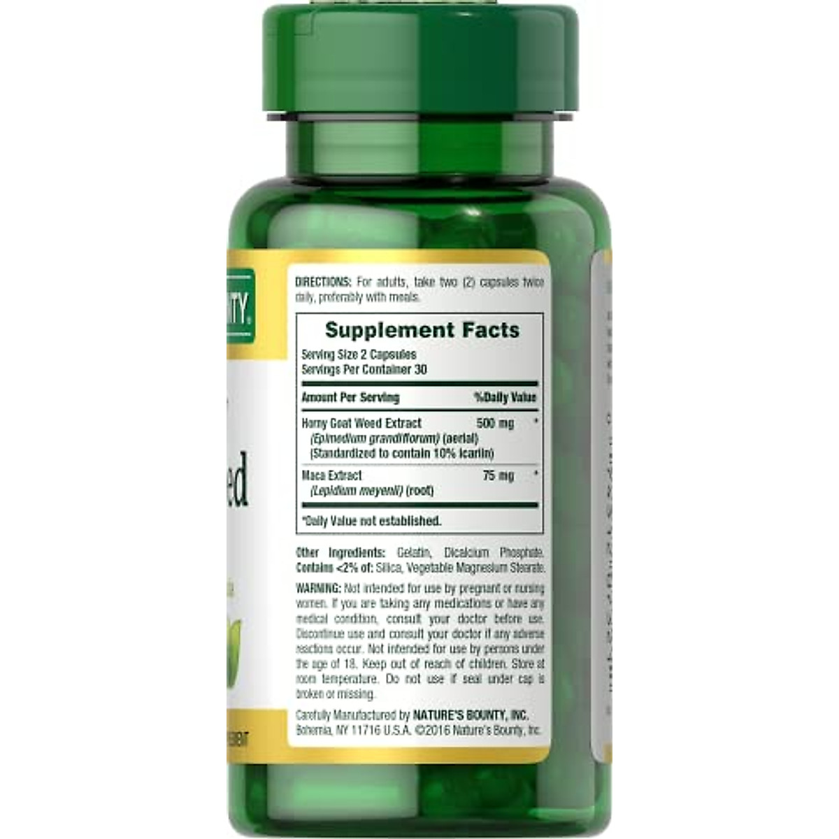 Nature's Bounty Horny Goat Weed w/Maca,Dietary Supplement, 60 Capsules, Gelatin, Dicalcium Phosphate, Vegetable Magnesium Stearate, Silica