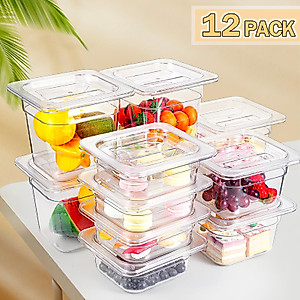 Tioncy 12 Pcs Clear Food Pans with Lids Salad Bar Containers Plastic Pan Salad Bar Containers Commercial Food Storage Transparent Hotel Pans for Vegetables Fruits Beans Corns 2.5'' 4'' 6'' Deep