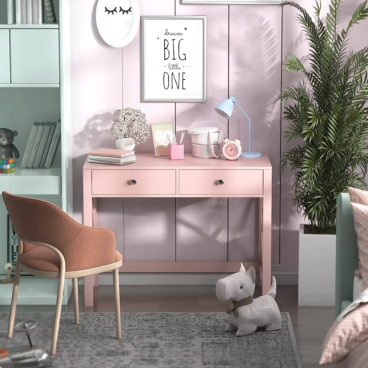 WiberWi Home Office Desk with Drawers, Modern Writing Computer Desk for Bedroom, Small Pink Makeup Vanity Table for Girls, Study Table for Home Office