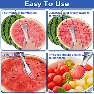 Tyqour 2pcs Stainless Steel Watermelon Fork Slicer 3-in-1double Head Portable Fruit Cutter Watermelon Cutter Tool, Fruit Fork Cut Watermelon for Family Parties Camping Kitchen Gadget