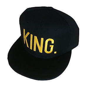 TrendyLuz King or Queen Royalty 3D Embroidered Adjustable Snapback Baseball Hat Cap (King, Gold Text)