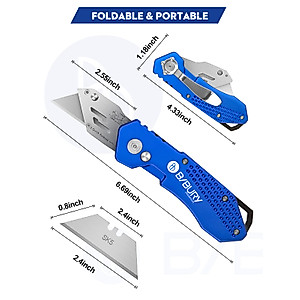 2 Pack BIBURY Utility Knife, Heavy Duty Folding Box Cutter, Pocket Carpet Knife with 20 Extra SK5 Stainless Steel Blades, Easy Release Button, Belt Clip, Quick Change, Blade Storage in Handle Design