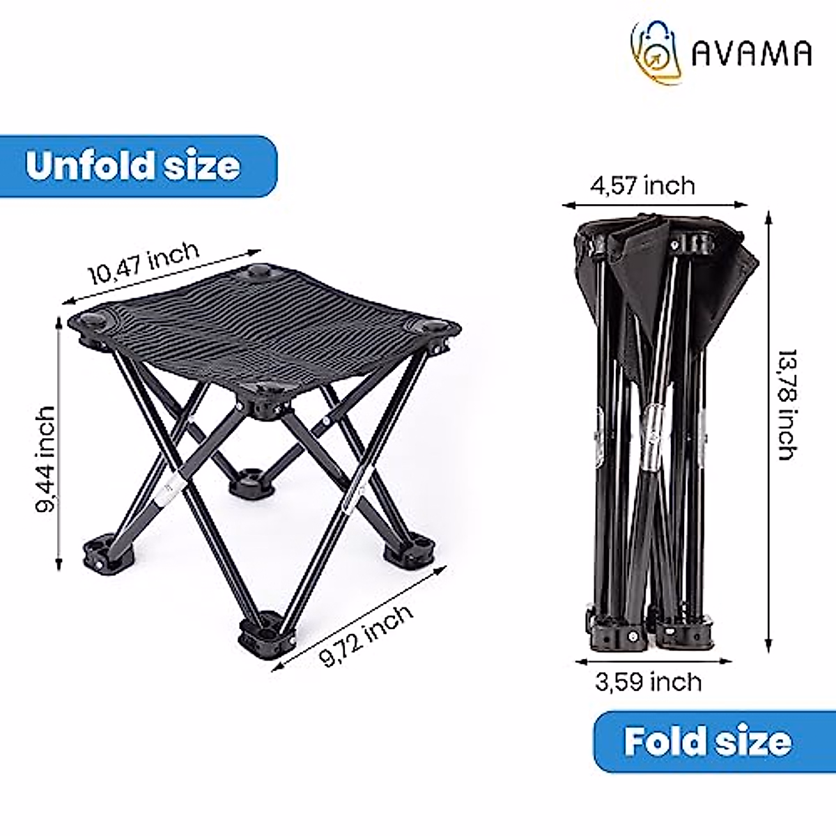 AVAMA - Camping Stool, Folding Small Chair Seat Height 10 inch Portable Camp Stool with Carry Bag for Camping - Fishing - Hiking - Gardening - Travel - Hiking - Beach - Garden - BBQ