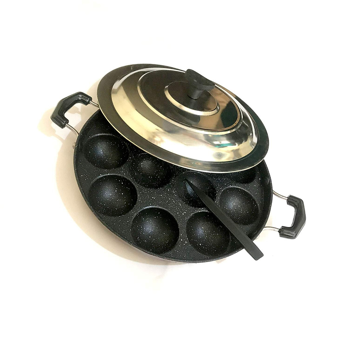 12 Pits Nonstick Appam Patra Side Handle with Lid Paniyarakkal Paniyaram Appam Pan Maker Pancake Maker Aebleskiver Maker with Stainless Steel Lid