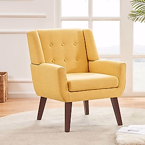HUIMO Accent Chair, Button Tufted Upholstered Sofa Chairs, Comfy Linen Fabric Armchair for Bedroom, Reading, Mid-Century Modern Living Room Chair (Yellow)