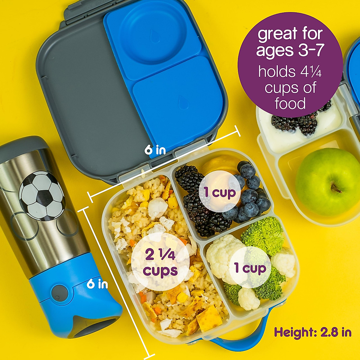 b.box Mini Lunch Box for Kids: Lunch Snack Container with 2 Leak Proof Compartments. Ages 3+ School Supplies, BPA Free (Lilac Pop, 4¼ cup capacity)