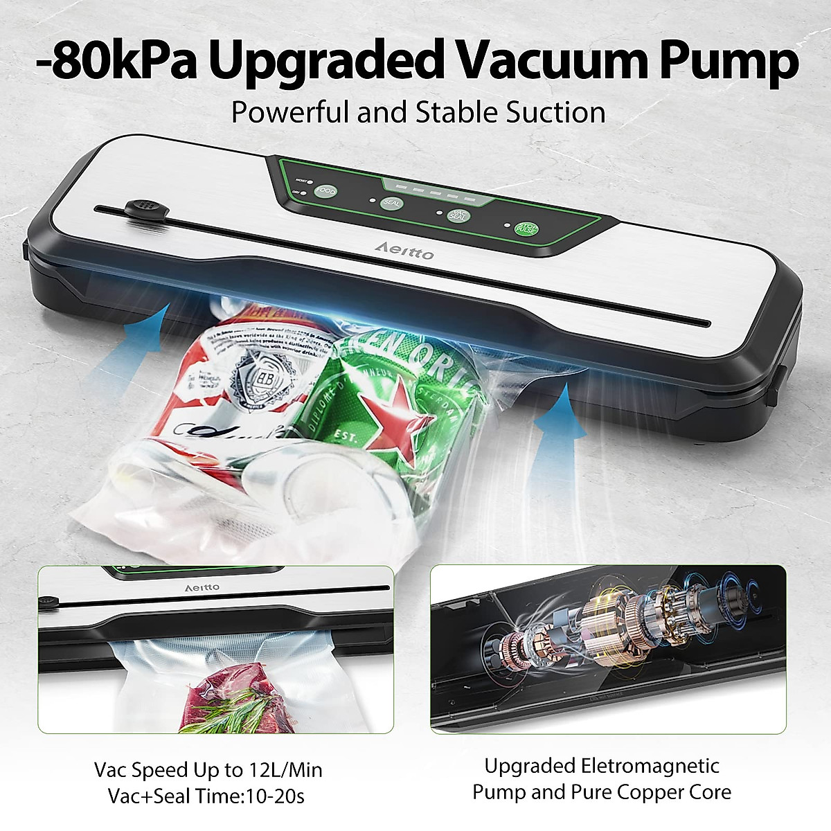 Automatic Food Vacuum Sealer Machine | Aeitto® 80KPa 8-In-1 Food Vacuum Saver with Starter Kits | 15 Bags, Pulse Function, Moist&Dry Mode and External VAC for Jars and Containers | Build-in Cutter | LED Indicator | Easy to Clean | Sous Vide