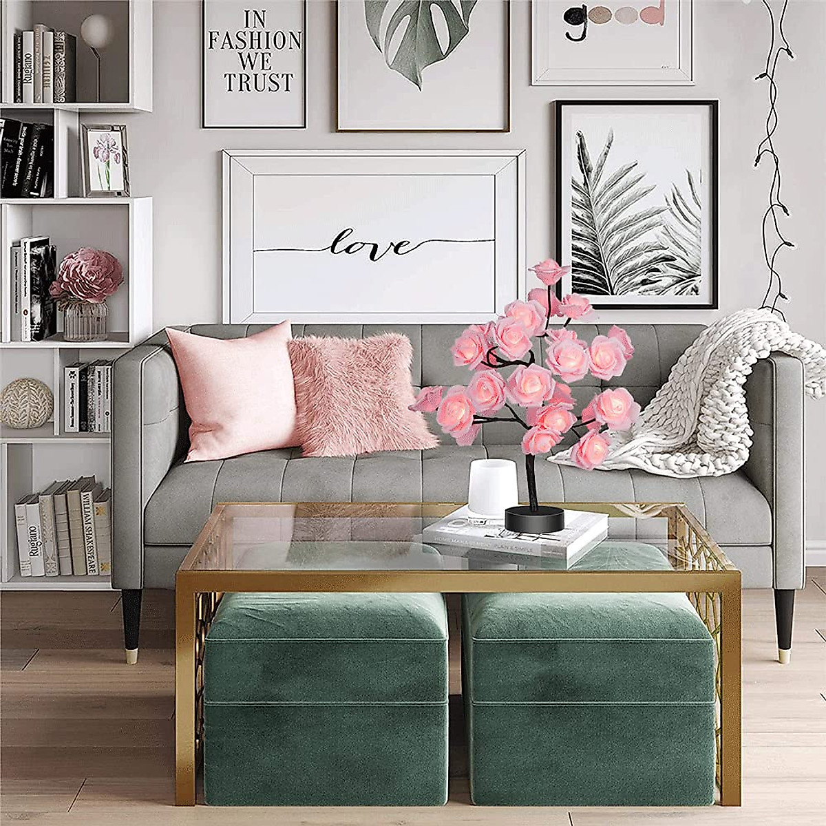 COLORLIFE Birthday Mother's Day Valentine's Day for Mom Women Daughter Wife Girlfriend Sister Pink Flower Rose Tree lamp Cute Room Decor for Bedroom Livingroom