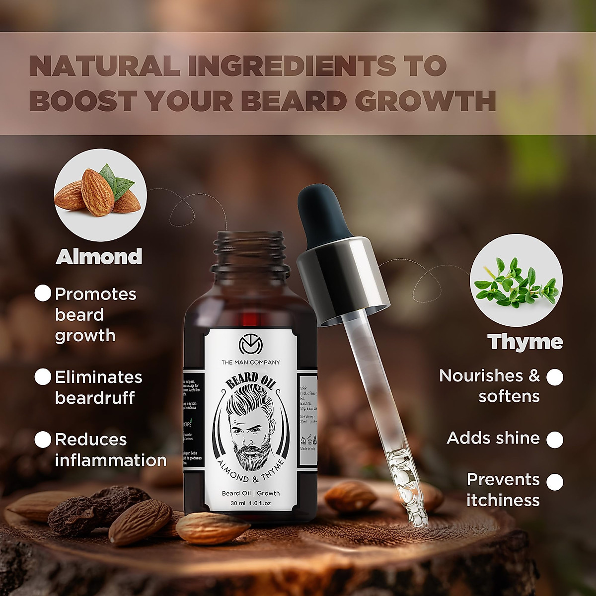 The Man Company Beard Oil for Growing Beard Faster with Almond & Thyme - 30ml | Beard Conditioner Oil, Softens & Strengthens Beards and Mustaches
