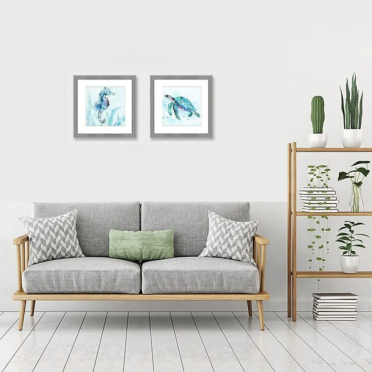 Seahorse & Sea Turtle 12"x12" Coastal Nautical Wallart Picture Frame Print Painting | Set of 2 | Wall Art Ocean Beach Theme | Plexiglass | Matted Cavas Art Print | Bathroom Living Room Decoration