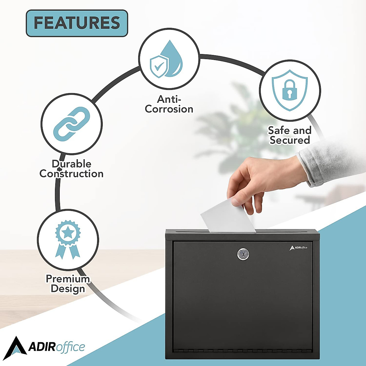 Adir Metal Suggestion Box with Lock and Slot, Wall Mount Deposit Box for Payments and Checks, Office Mail Box for Employees, Mailbox for House, Safe Drop Box with Keys - 3x10x12 Inch Black