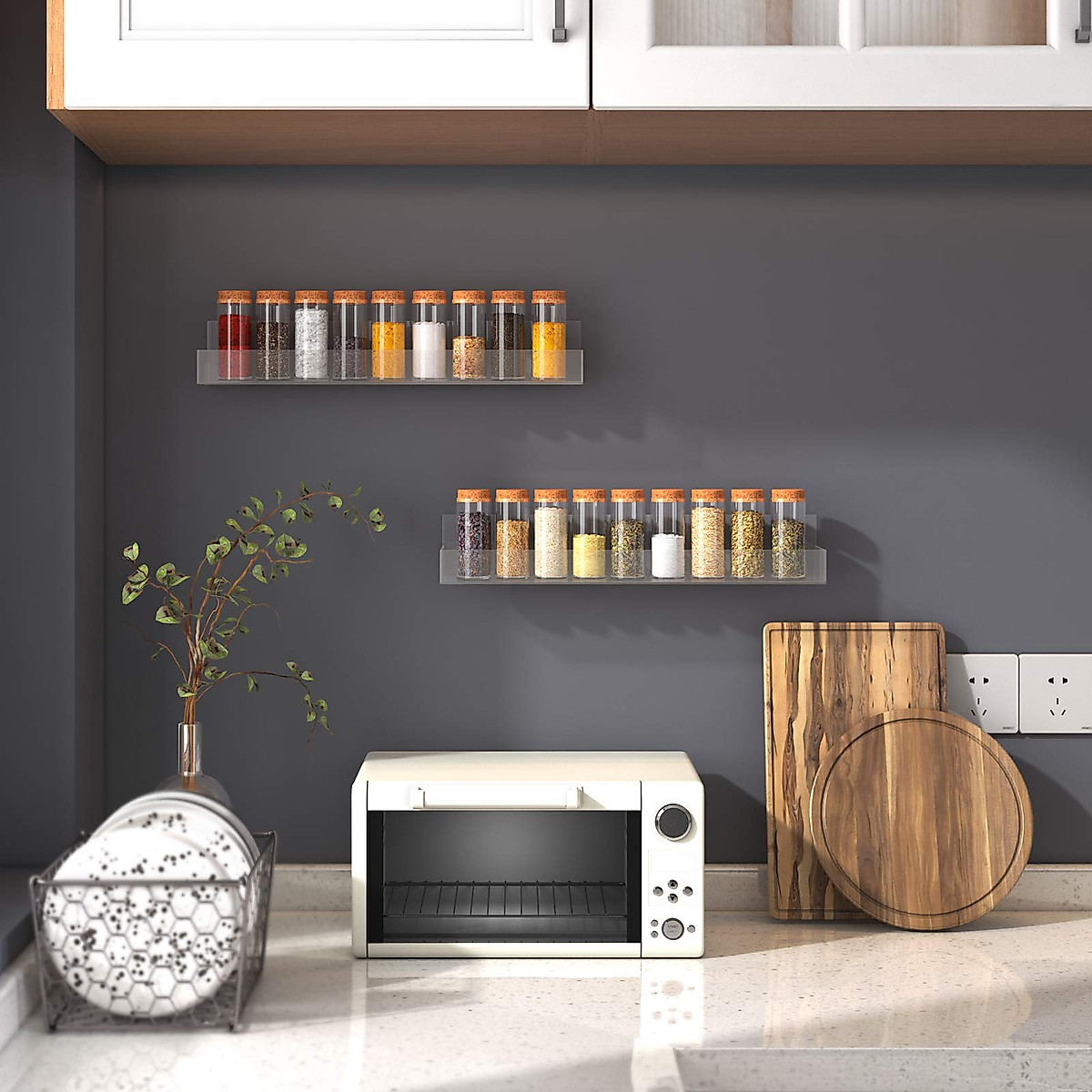 VAEHOLD Adhesive Acrylic Spice Rack with Nano Double Sided Tape Wall Mount Organizer Clear Wall Spice Rack With Shelf Ends for Kitchen Cabinet Door - 2 Pack 11 4/5‘’ Shelves