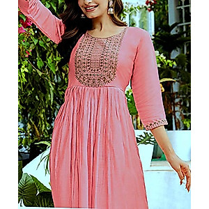 ladyline Womens Anarkali Rayon Silk Embroidered Kurti Kurta Tunic Flair Dress (42/Pink)
